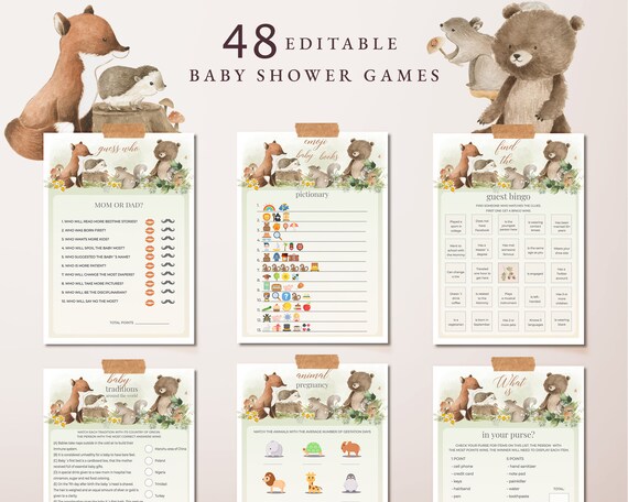 WOODLAND Baby Shower Games Bundle, 48 Printable Forest Animals Games ...