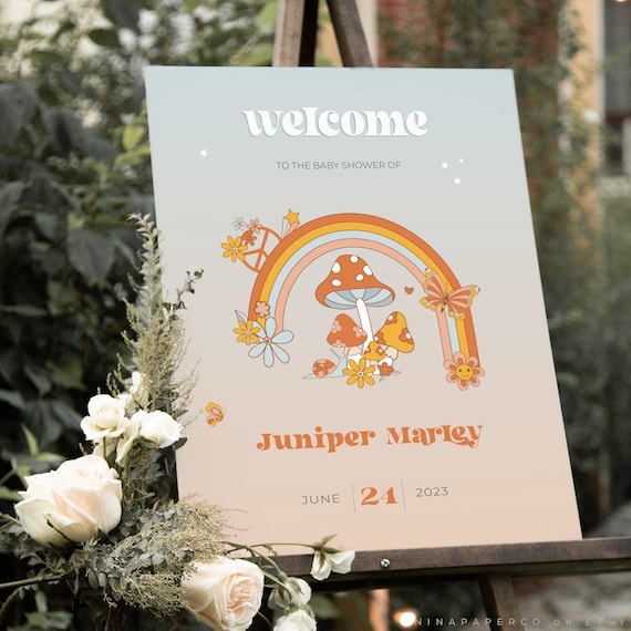 GROOVY Baby Shower Welcome Sign, Rainbow Baby Shower Signs, 70s retro ...