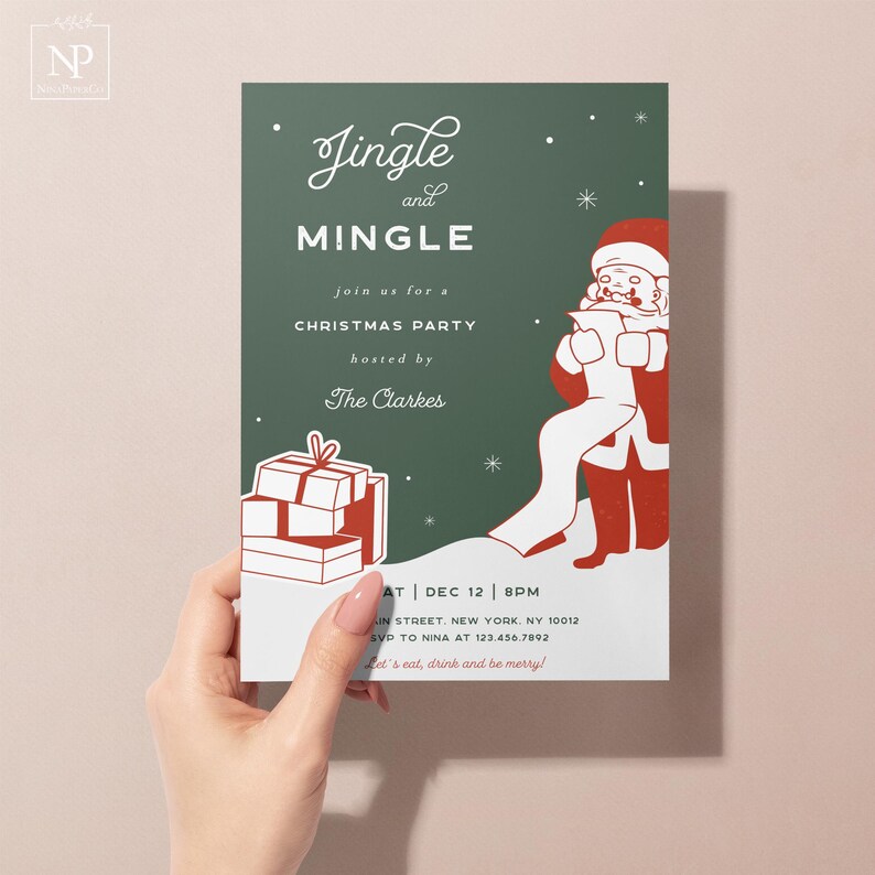 Retro Santa Christmas Party Invitation, Jingle & Mingle Holiday Party ...