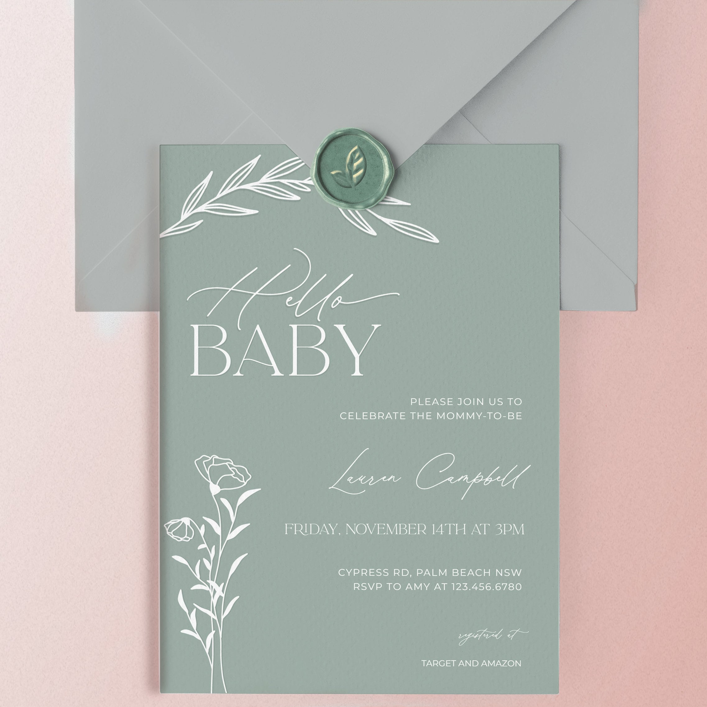 Boho Sage Green Baby Shower Invitation, Bohemian Green Baby Shower ...