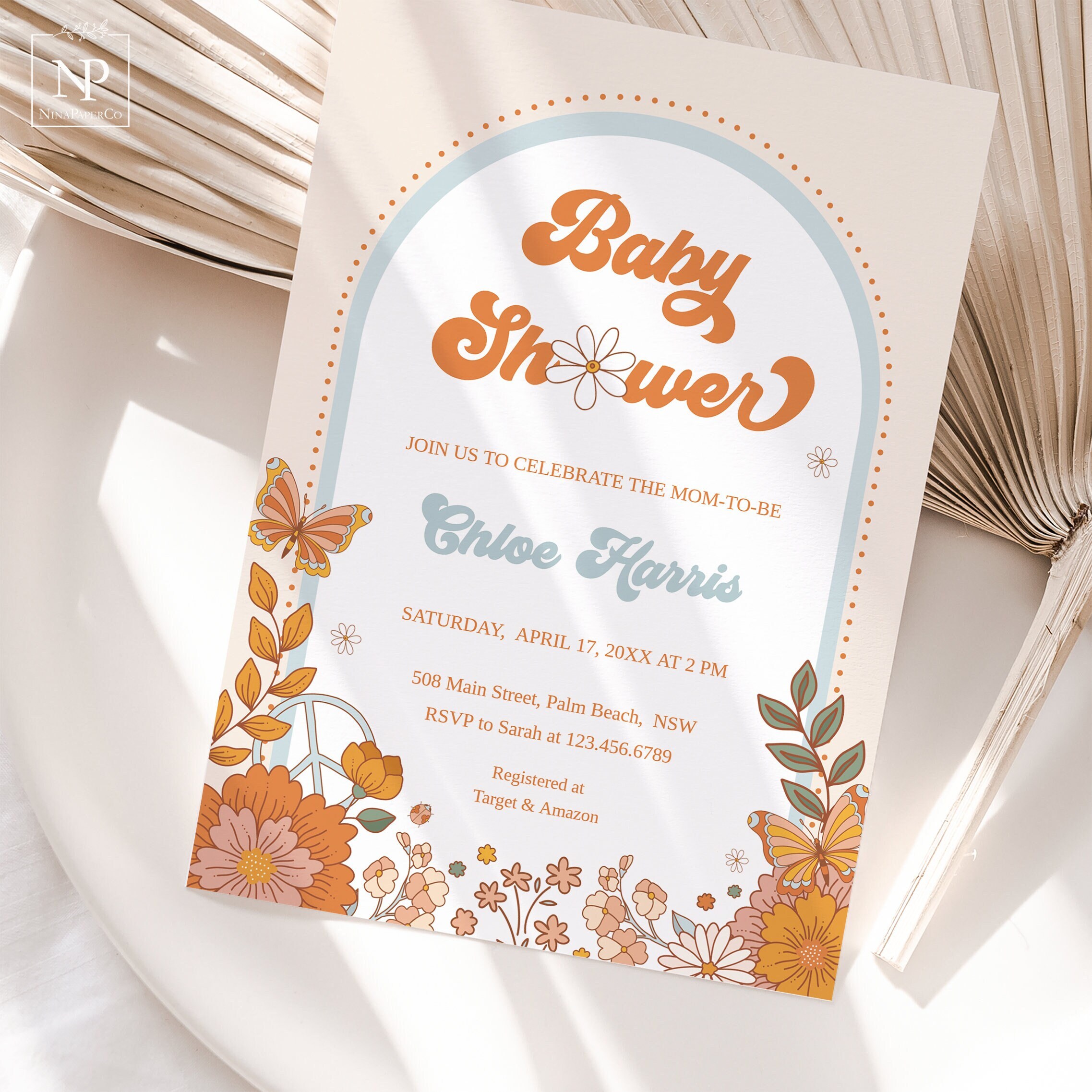 Editable Groovy Baby Shower Invitation Template, Floral Retro Invite ...