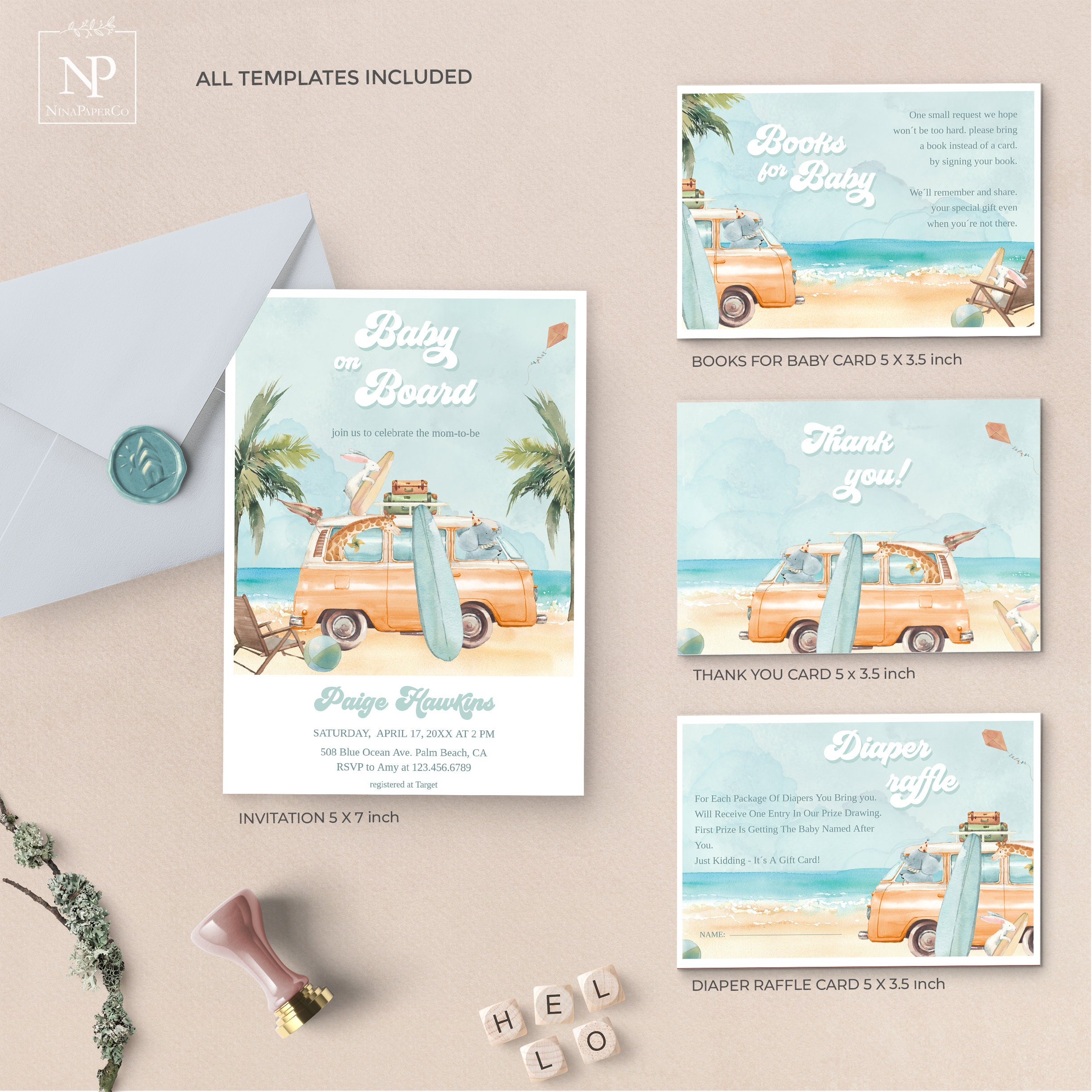 Surf Beach Baby Shower Invitation Set, Baby on Board Invite, Baby ...