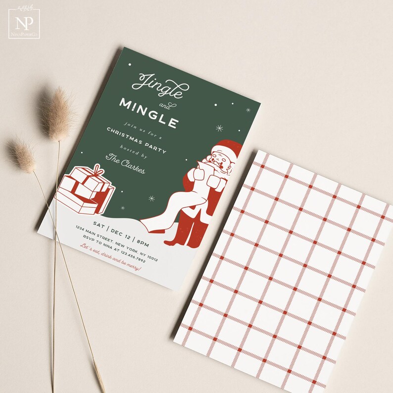 Retro Santa Christmas Party Invitation, Jingle & Mingle Holiday Party ...