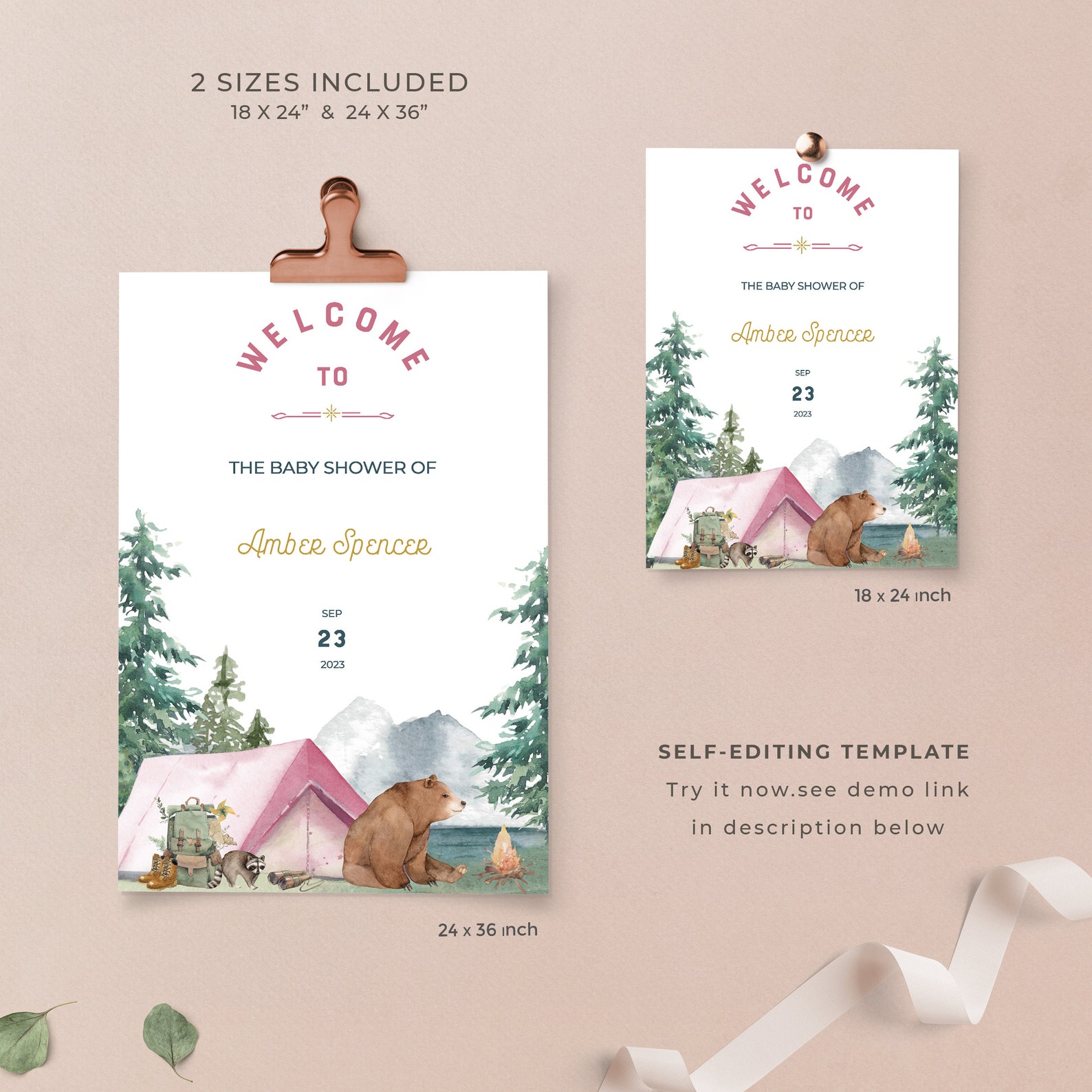 Adventure Awaits Baby Shower Welcome Sign, Pink Camping Party, Girl ...