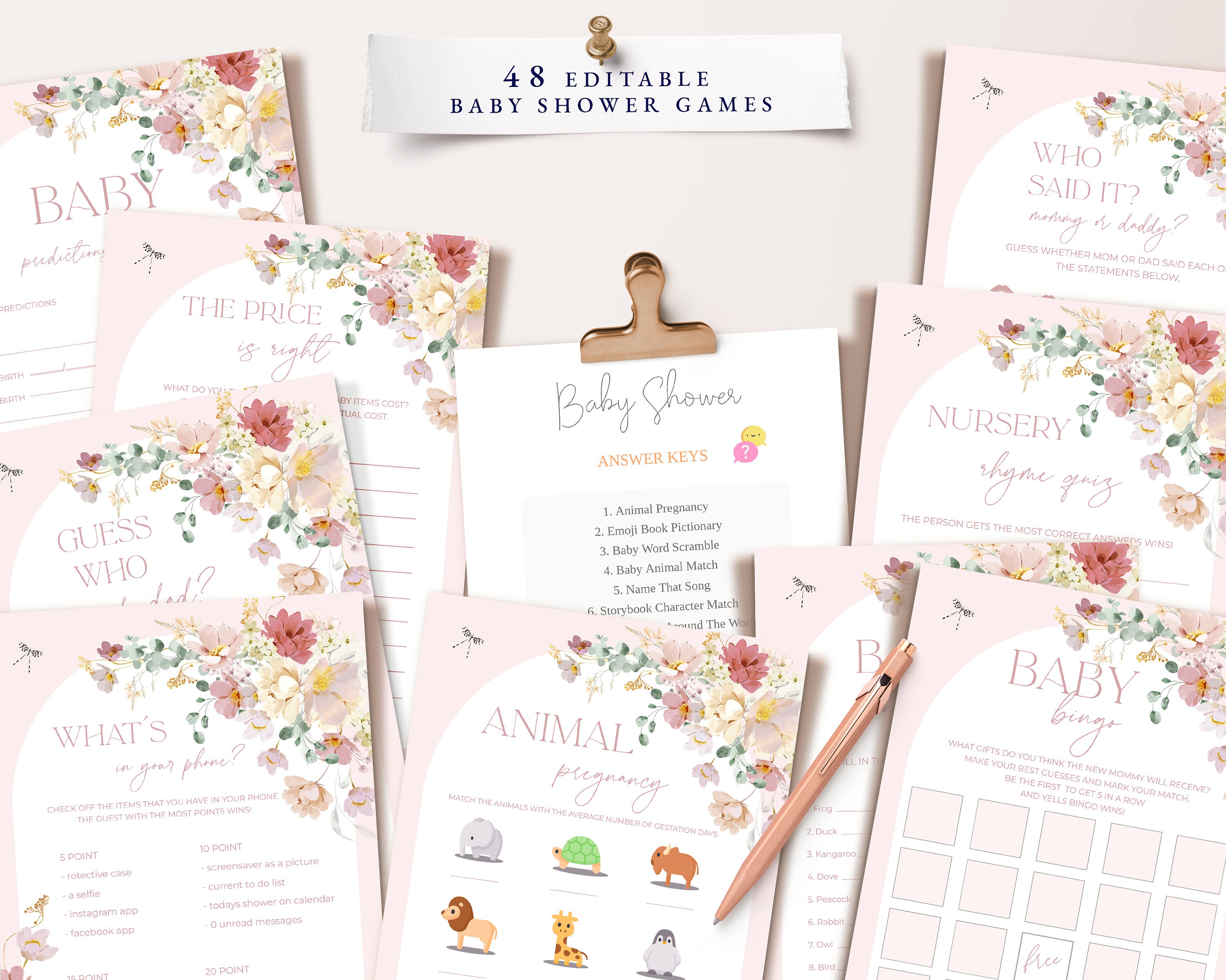 Pink Wildflower Baby Shower Games Bundle, 48 Baby Shower Games, Floral ...