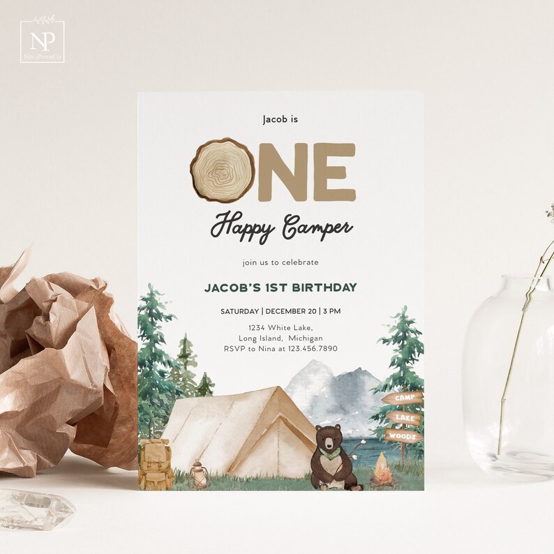 One Happy Camper First Birthday Invitation Template Camping - Etsy