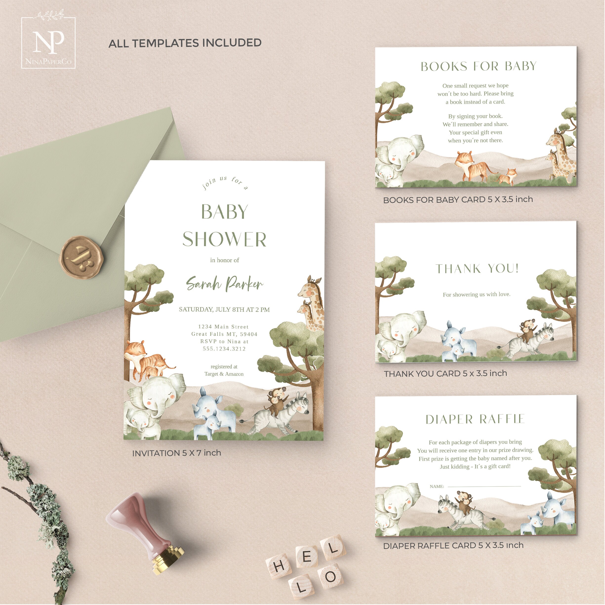 Editable Safari Baby Shower Invitation Set, Jungle Baby Shower Invite ...
