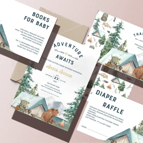 Adventure Awaits Baby Shower Invitation Set, Pine Tree Baby Shower ...
