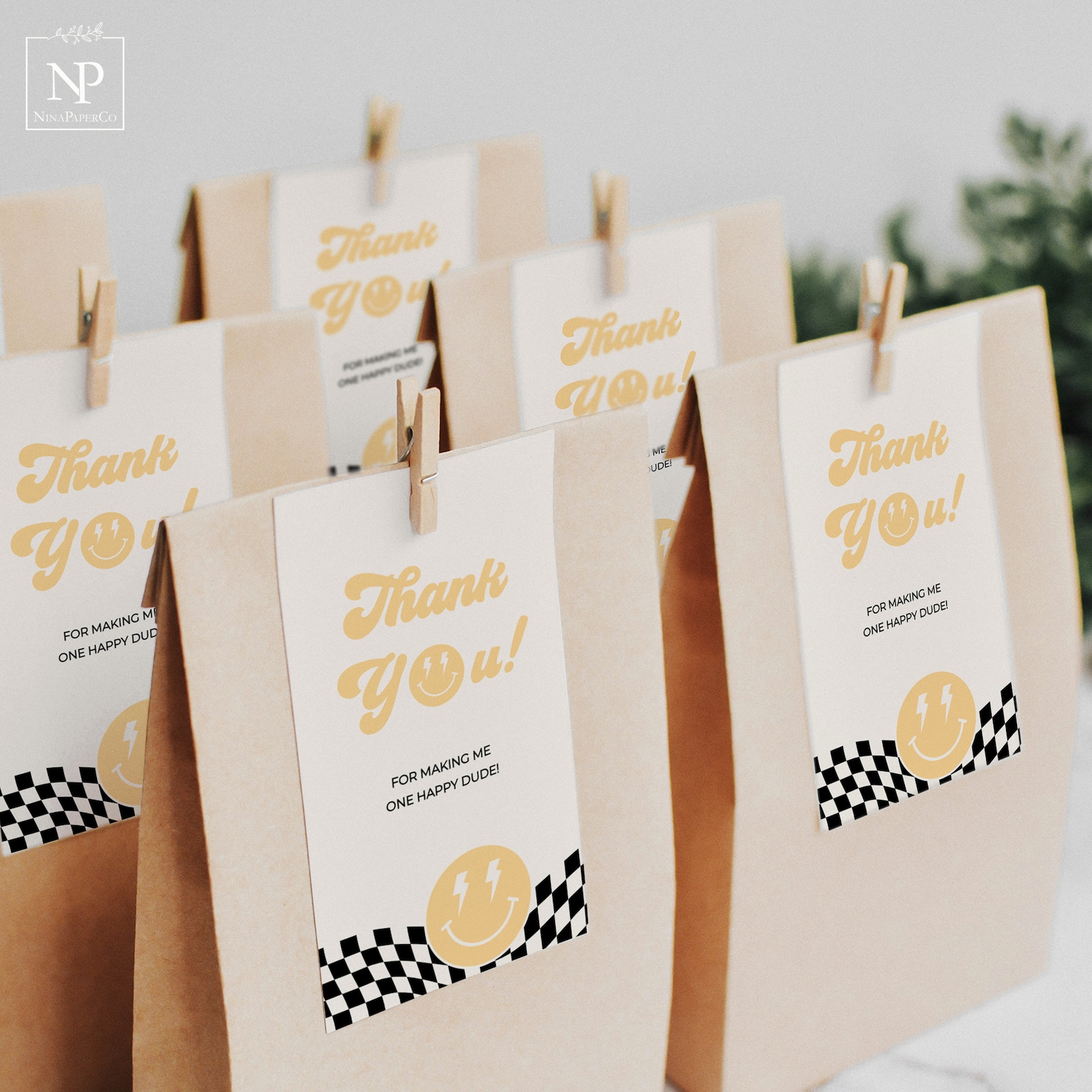 ONE Happy Dude Favor Tags Template, Retro Smiley Face Birthday Thank ...