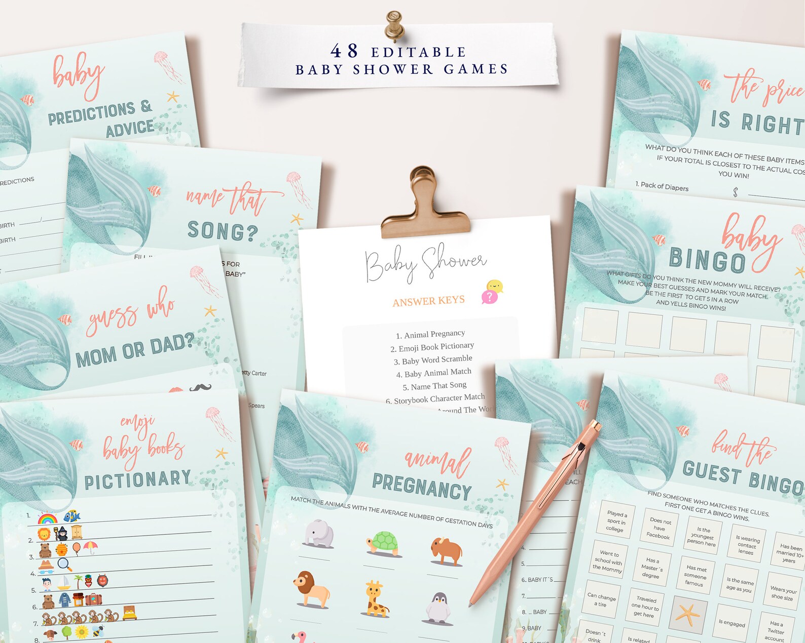 Mermaid Baby Shower Games Bundle, 48 Under the Sea Printable Games ...