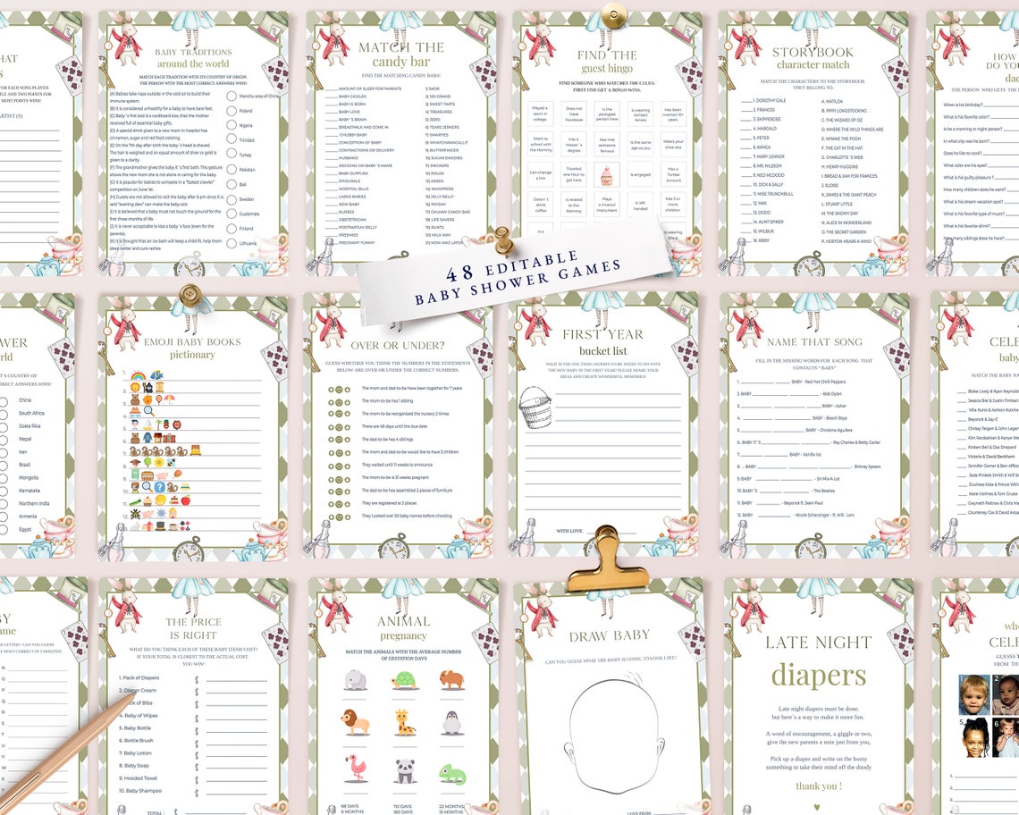 Alice in Wonderland Baby Shower Games Bundle, 48 Baby Shower Games, Tea ...