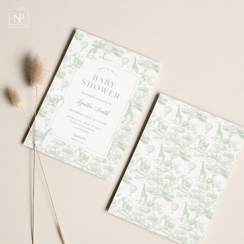 Green Safari Toile De Jouy Baby Shower Invitation Set, Jungle Baby ...
