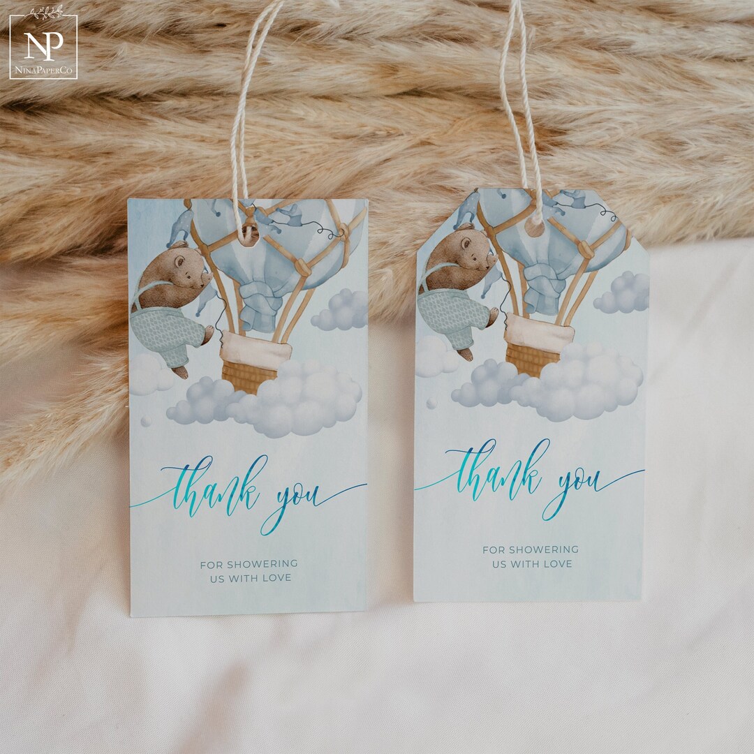 Bear Hot-air Balloon Baby Shower Favor Tags, We Can Bearly Wait, Thank ...