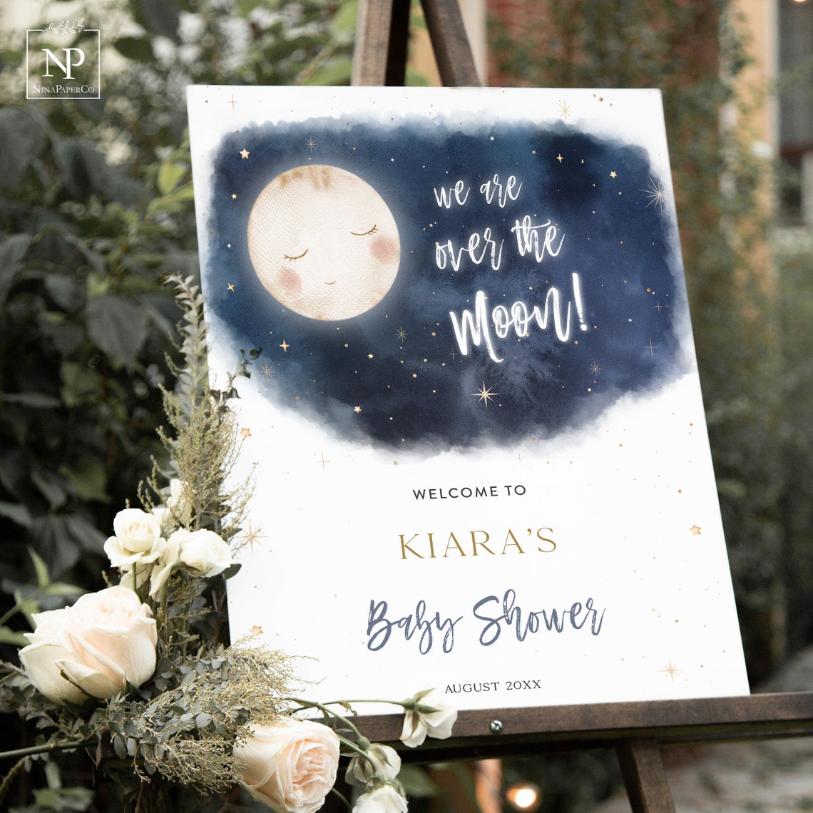 Over the Moon Baby Shower Welcome Sign Moon and Stars Sign - Etsy