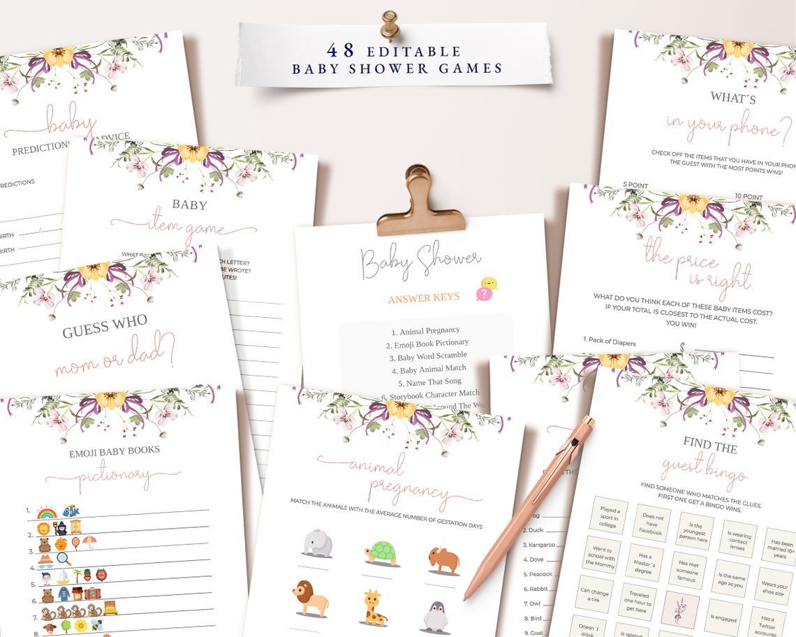 Wildflowers Baby Shower Games Bundle 48 Editable Floral Baby - Etsy