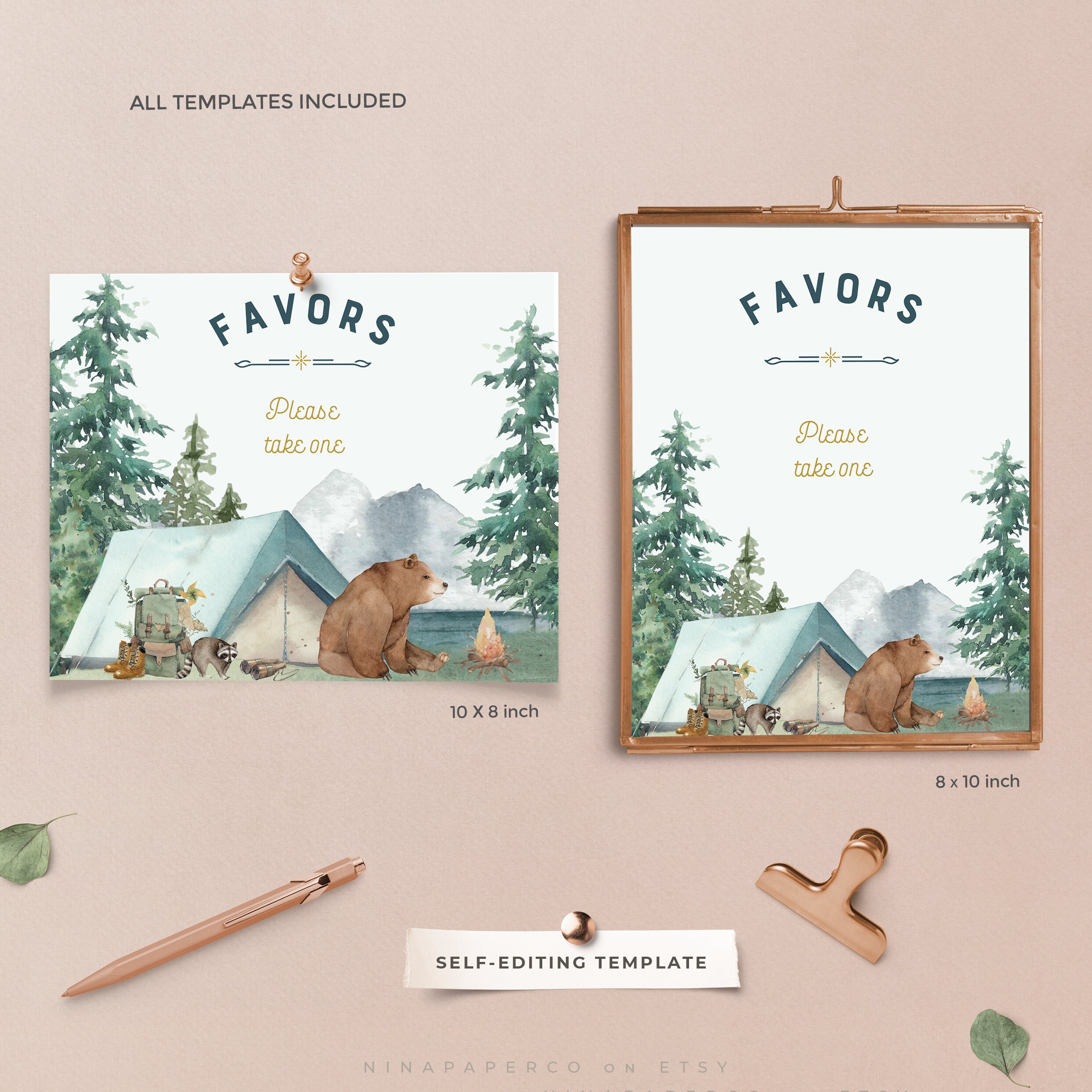Adventure Awaits Baby Shower Favor Sign, Camping Party Sign, Pine Trees ...