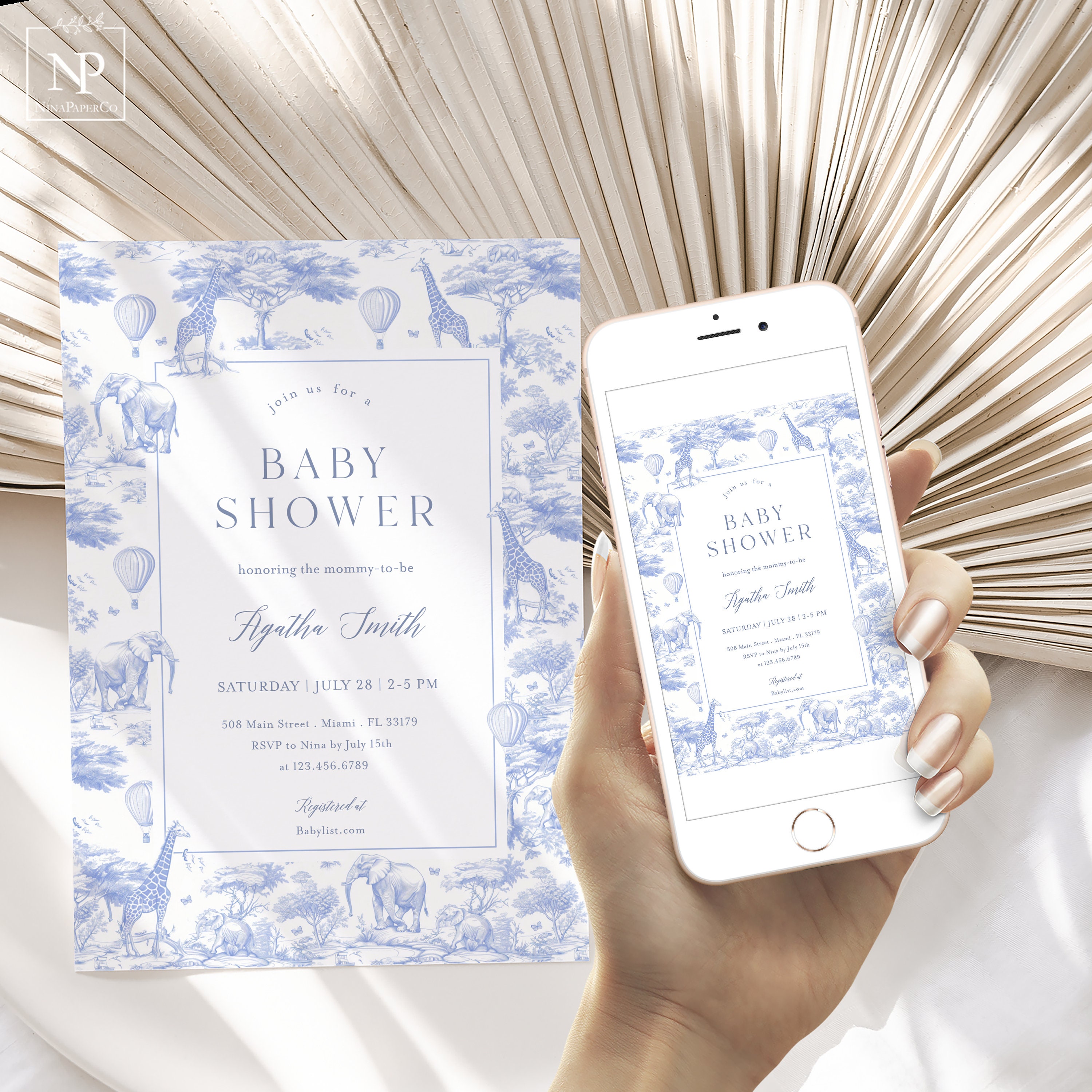 Safari Toile De Jouy Baby Shower Invitation Set, Vintage Floral Invite ...