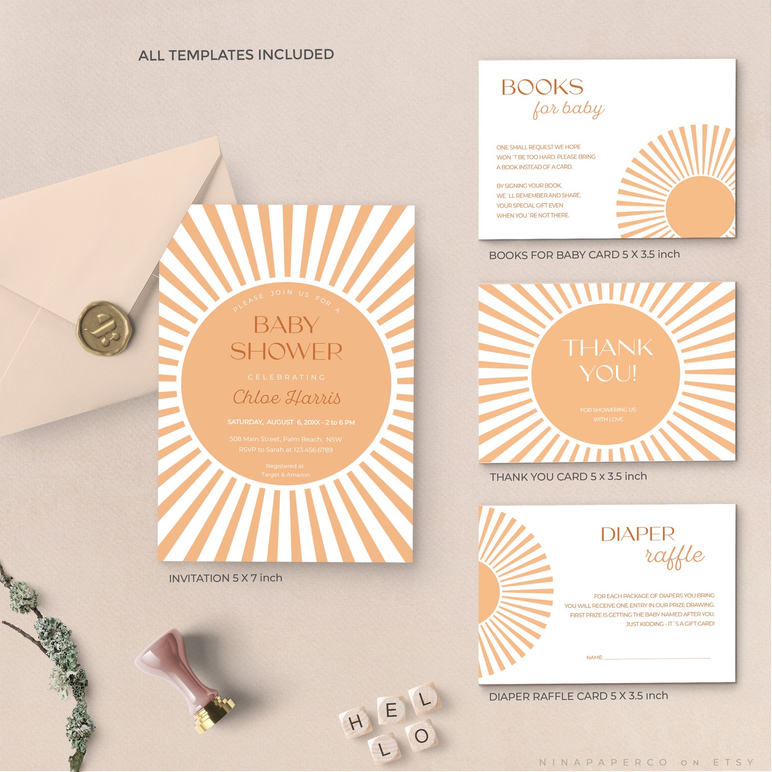 Boho Sunshine Baby Shower Invitation Set, Sunshine Baby Shower Invite ...