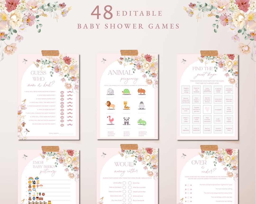 Pink Wildflower Baby Shower Games Bundle, 48 Baby Shower Games, Floral ...