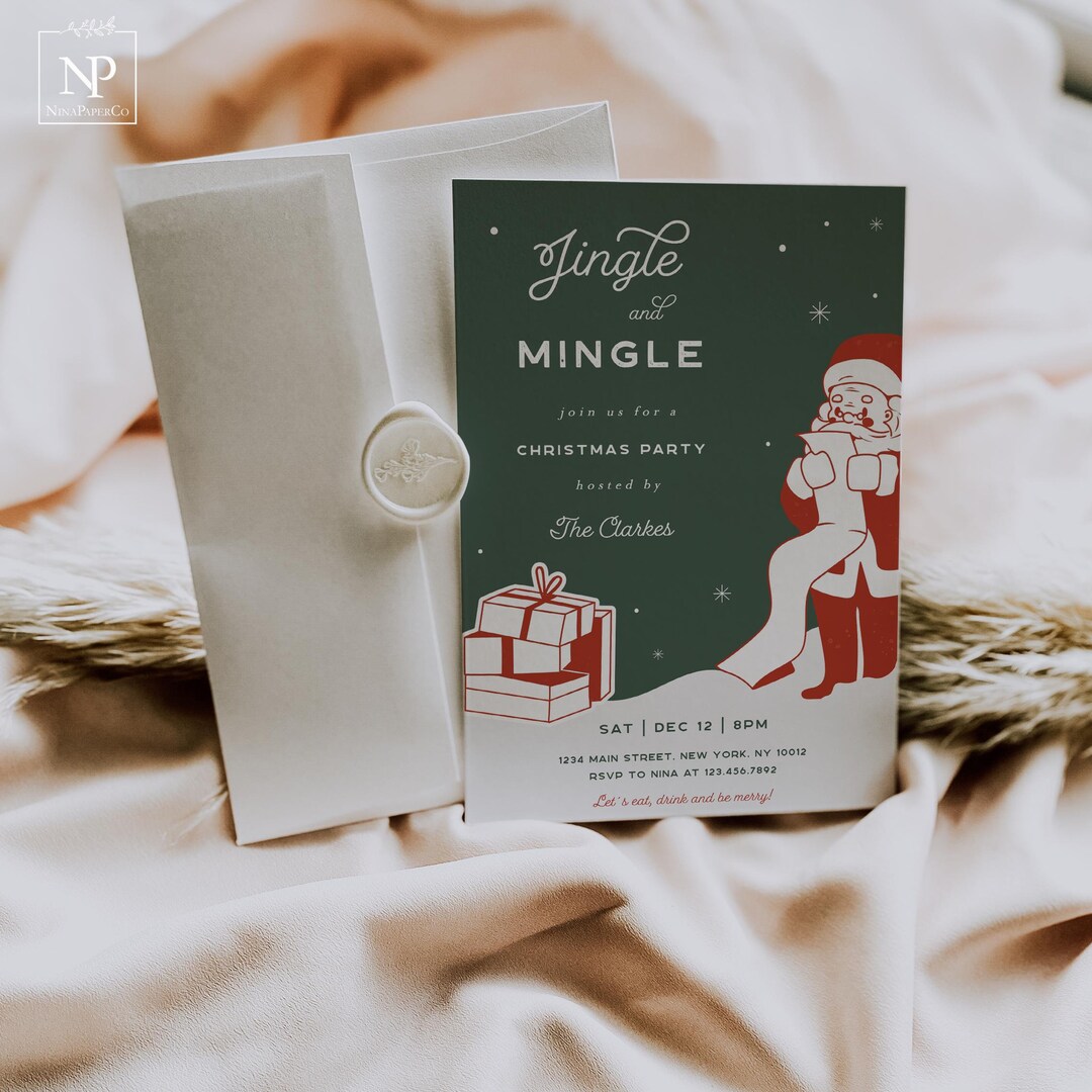 Retro Santa Christmas Party Invitation, Jingle & Mingle Holiday Party ...