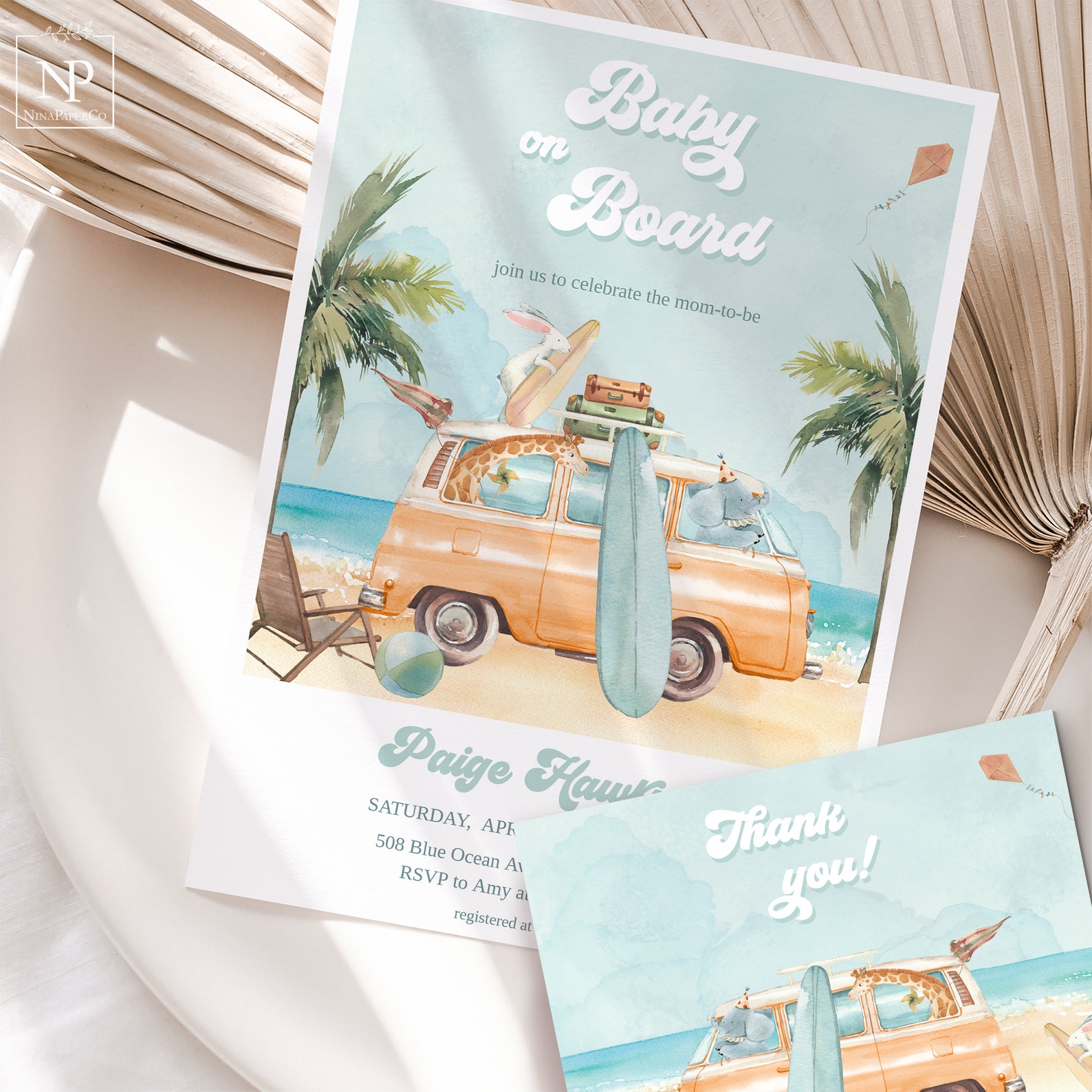 Surf Beach Baby Shower Invitation Set, Baby on Board Invite, Baby ...