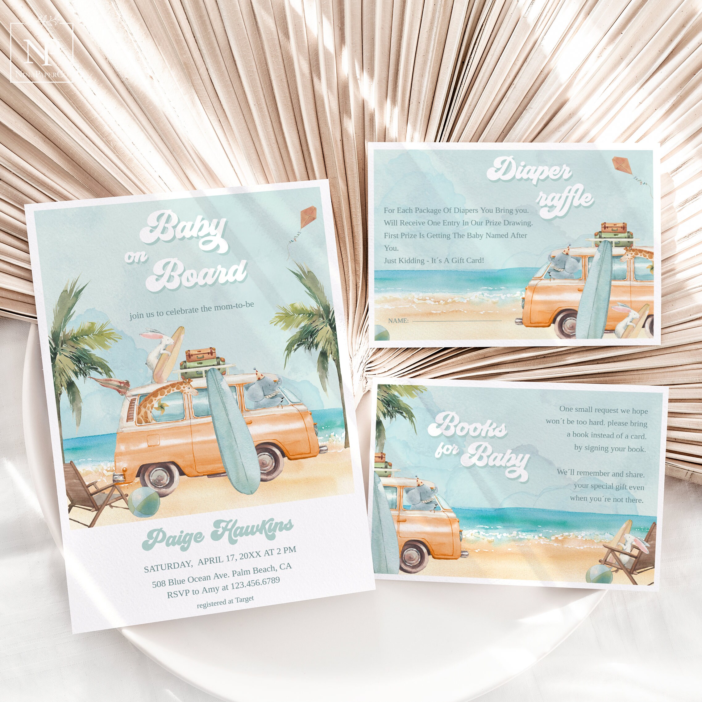 Surf Beach Baby Shower Invitation Set, Baby on Board Invite, Baby ...