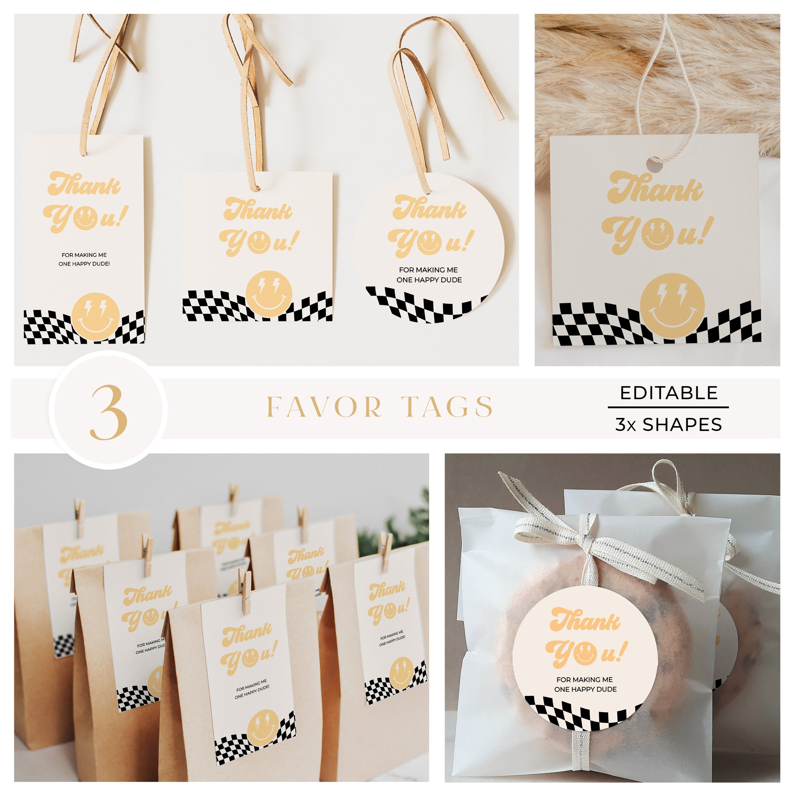 ONE Happy Dude Favor Tags Template, Retro Smiley Face Birthday Thank ...