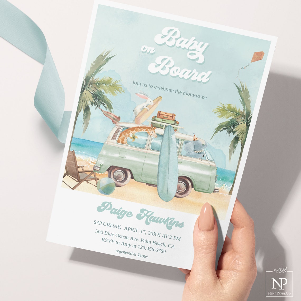 Surf Beach Baby Shower Invitation Set, Baby on Board Invite, Boy Baby ...