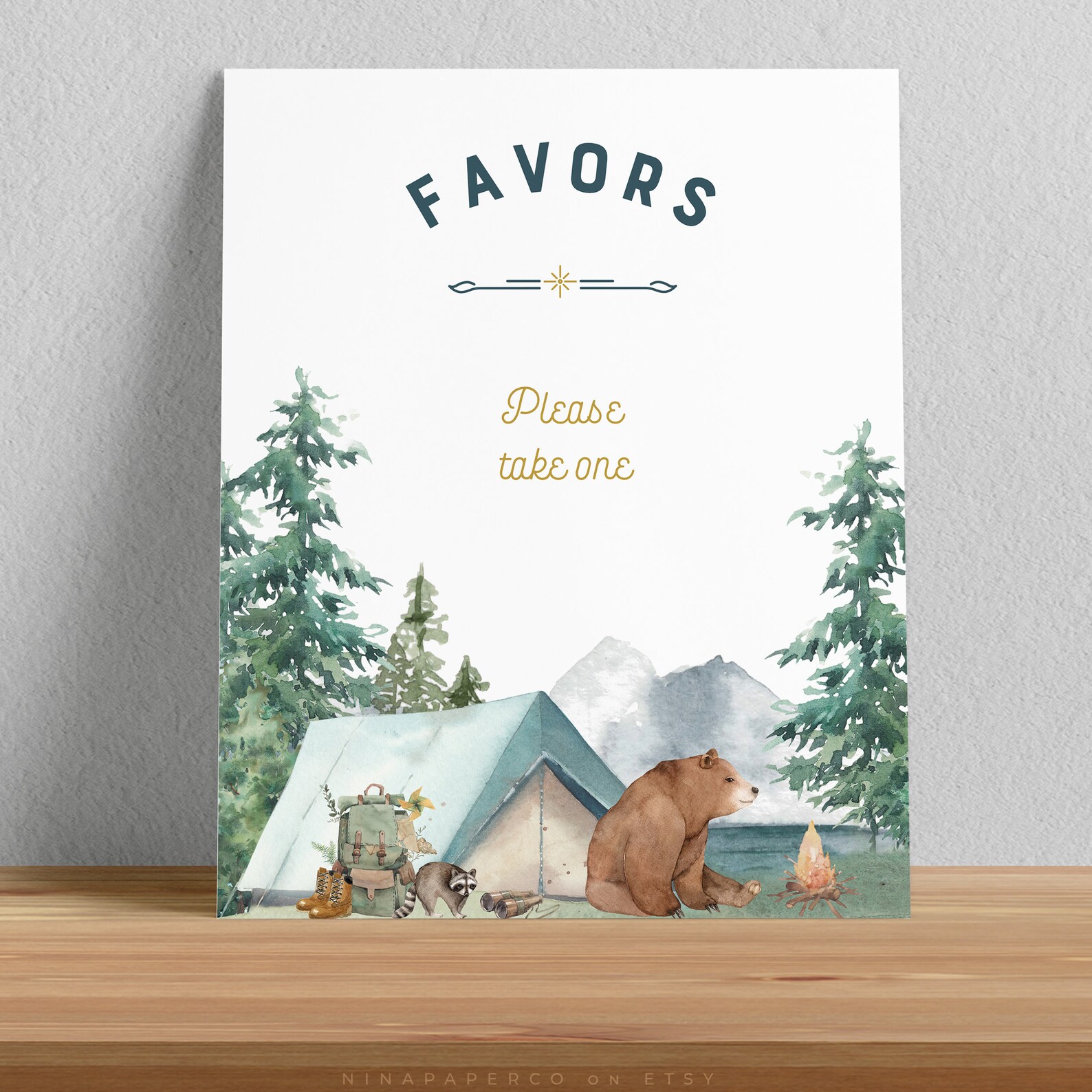 Adventure Awaits Baby Shower Favor Sign, Camping Party Sign, Pine Trees ...