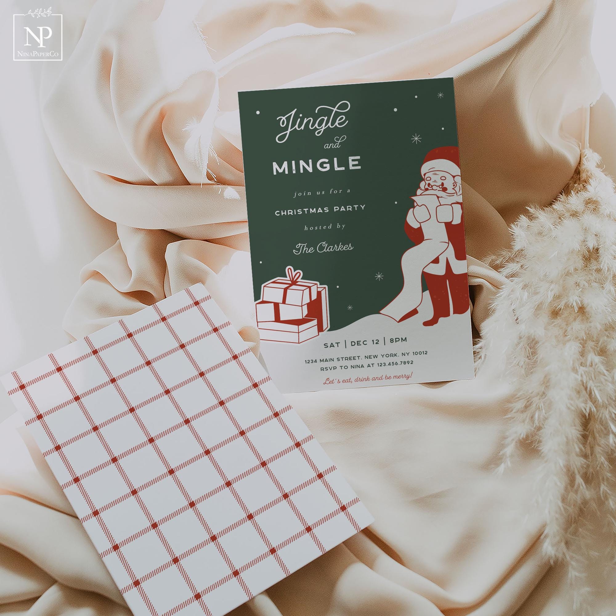 Retro Santa Christmas Party Invitation, Jingle & Mingle Holiday Party ...