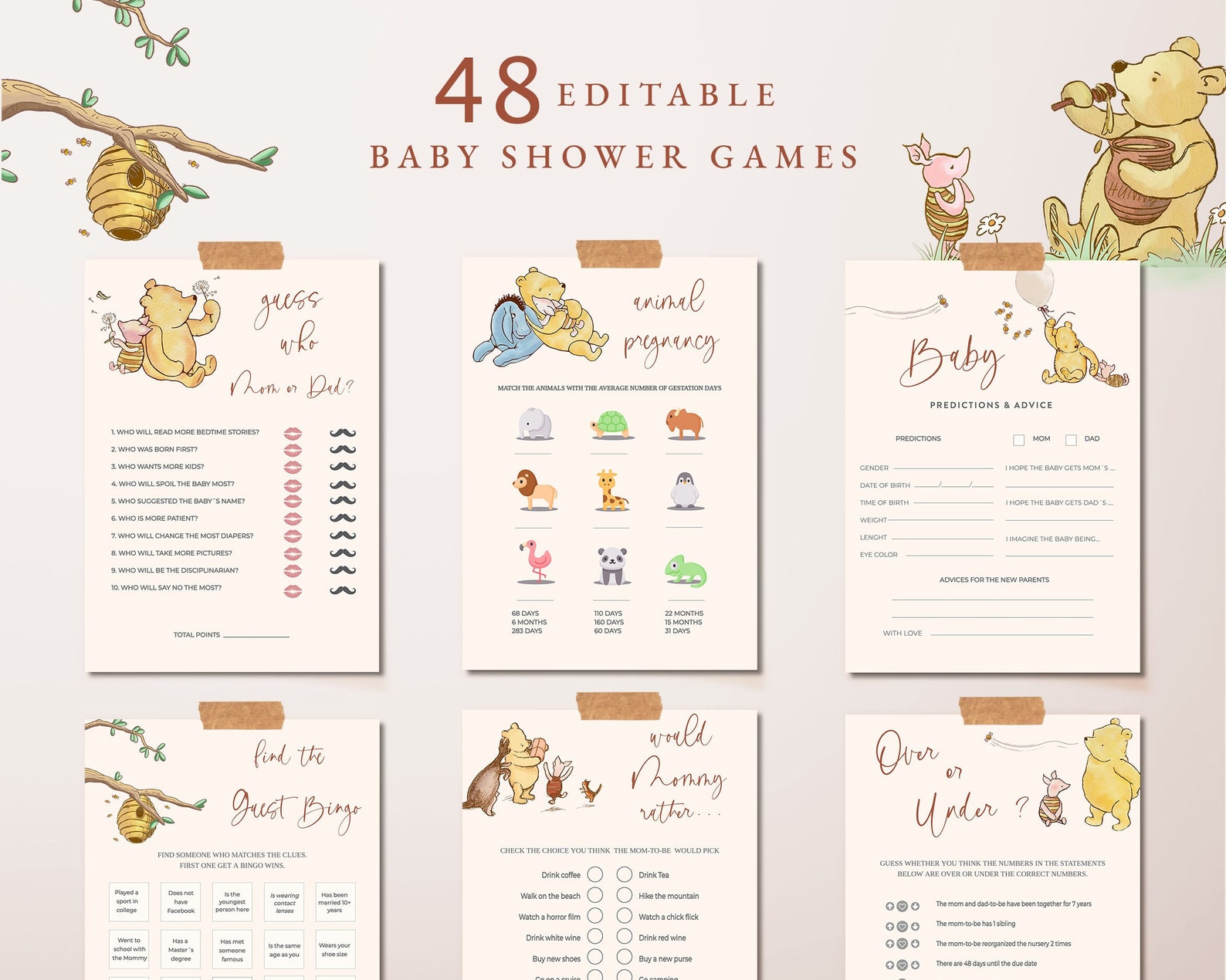 Winnie the Pooh Baby Shower Games Bundle, 48 Baby Shower Games, Winnie ...