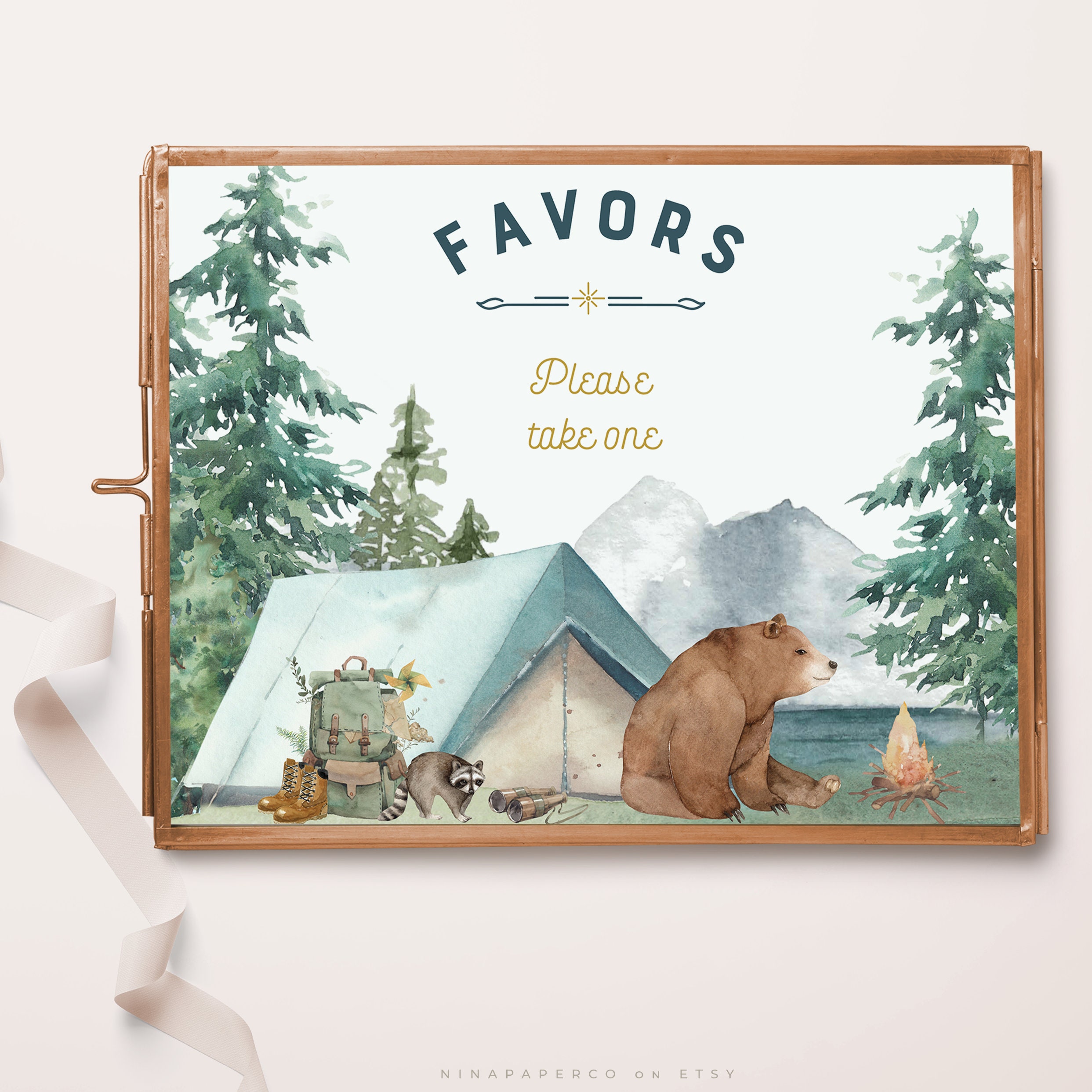 Adventure Awaits Baby Shower Favor Sign, Camping Party Sign, Pine Trees ...
