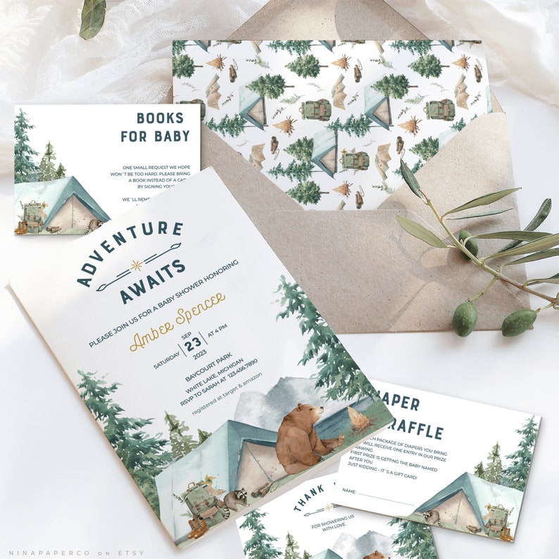 Adventure Awaits Baby Shower Invitation Set Pine Tree Baby - Etsy