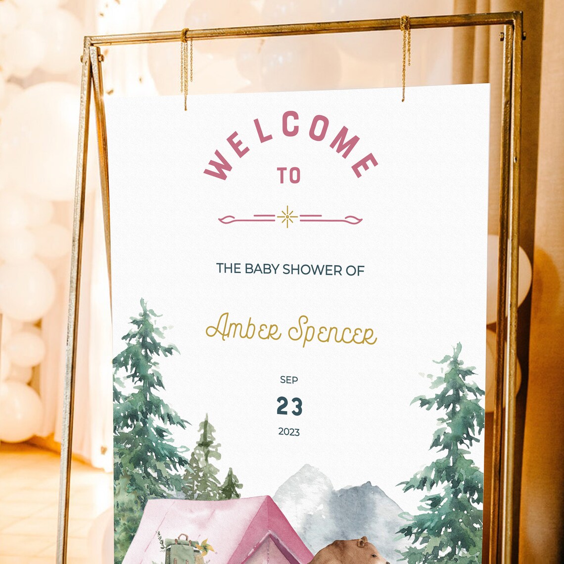 Adventure Awaits Baby Shower Welcome Sign, Pink Camping Party, Girl ...