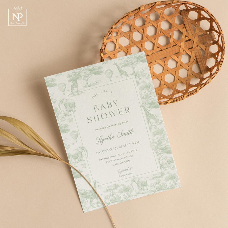 Green Safari Toile De Jouy Baby Shower Invitation Set, Jungle Baby ...