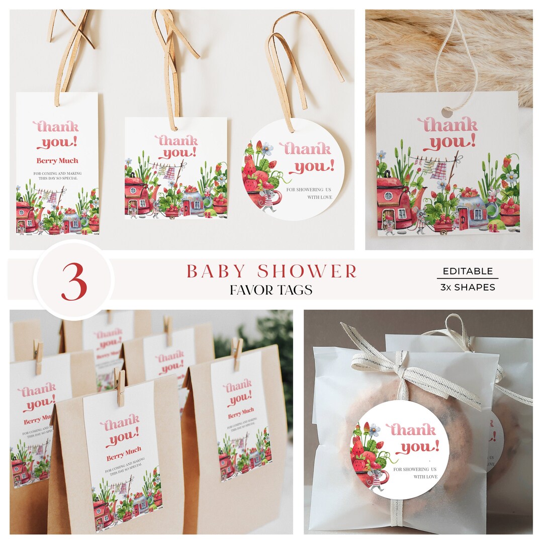 Strawberry Thank You Gift Tag, Berry Sweet Favor Tag Baby Shower, Red ...
