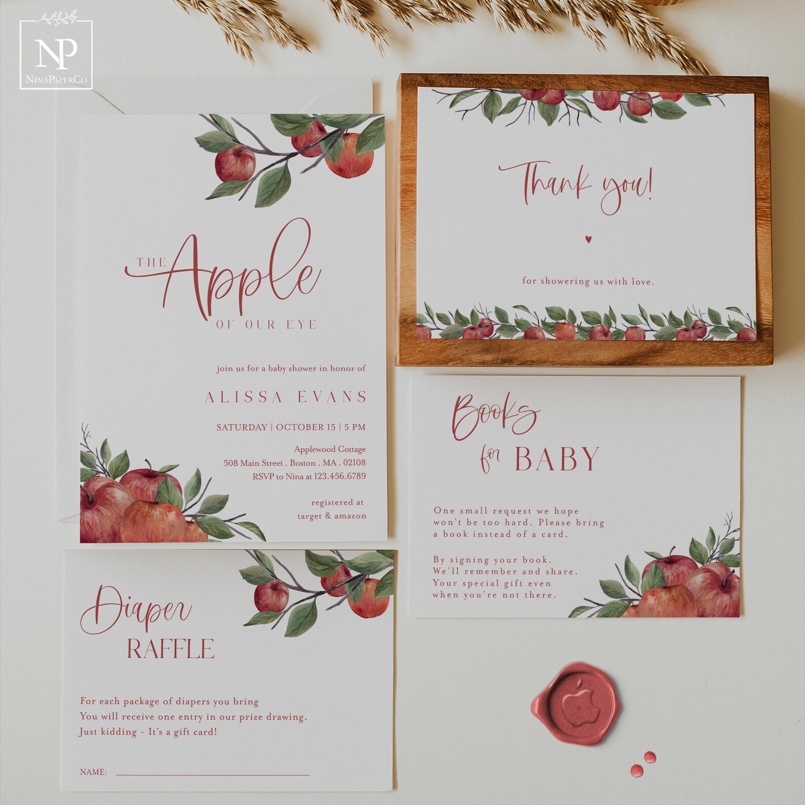 Fall Apple Baby Shower Invitation Set, Apple of Our Eye Invite Template ...