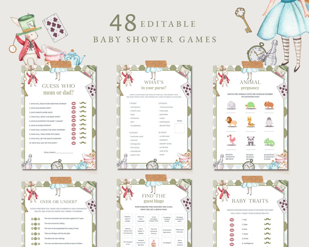 Alice in Wonderland Baby Shower Games Bundle, 48 Baby Shower Games, Tea ...