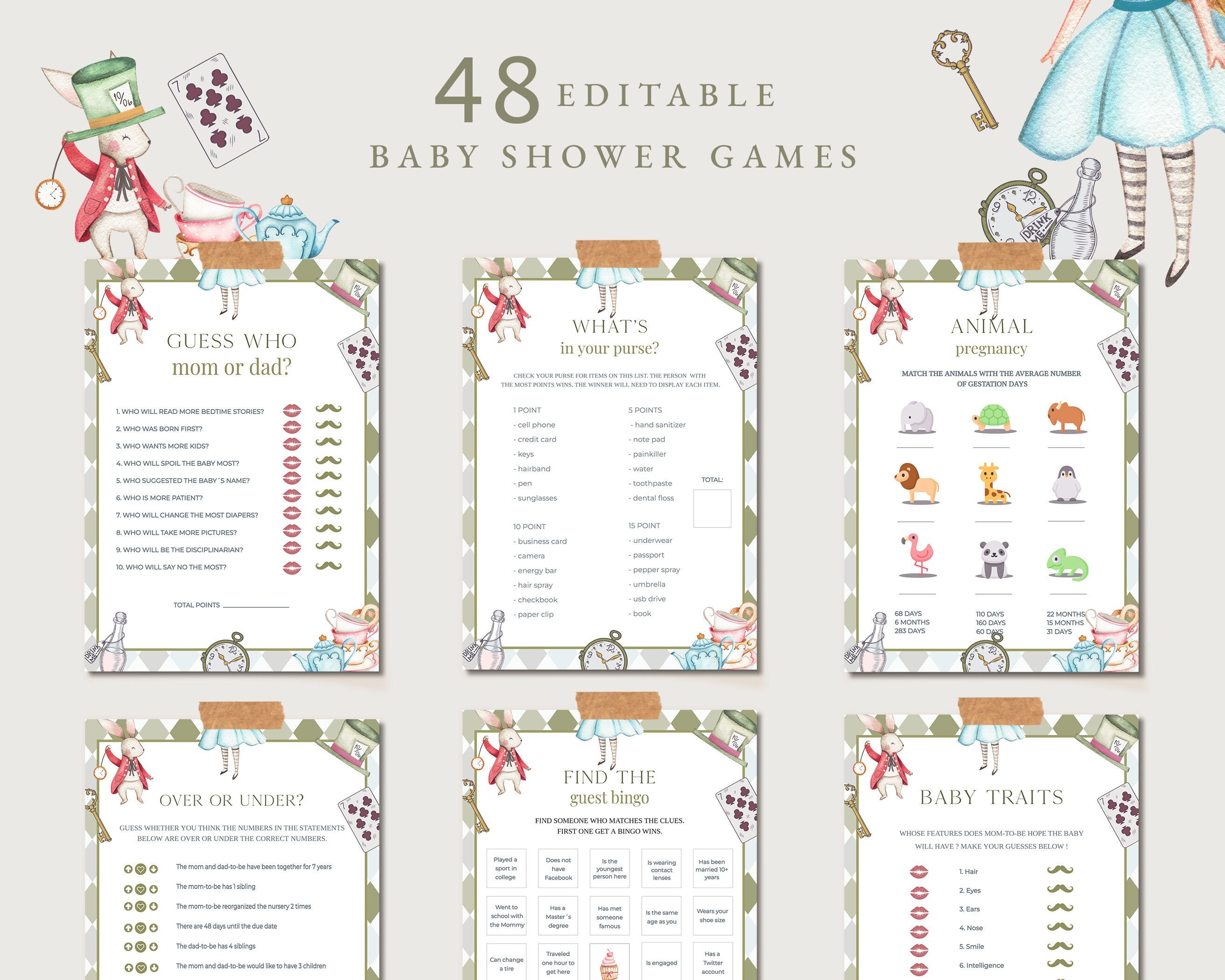 Alice in Wonderland Baby Shower Games Bundle, 48 Baby Shower Games, Tea ...