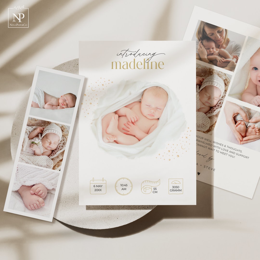 Newborn Baby Birth Announcement Template, Photo Birth Card, Birth Stats ...