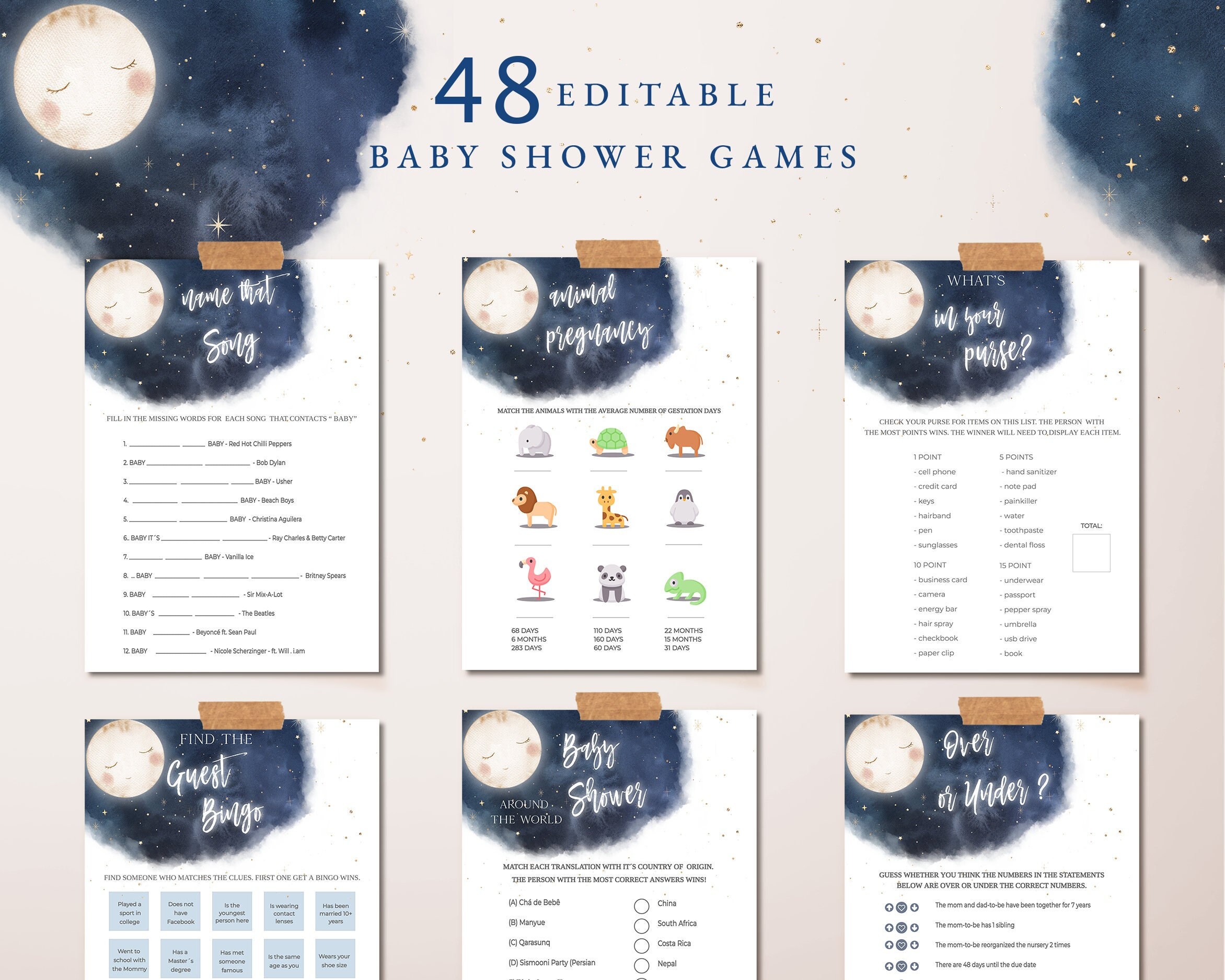 Over the Moon Baby Shower Games Bundle, Moon and Stars Baby Shower ...