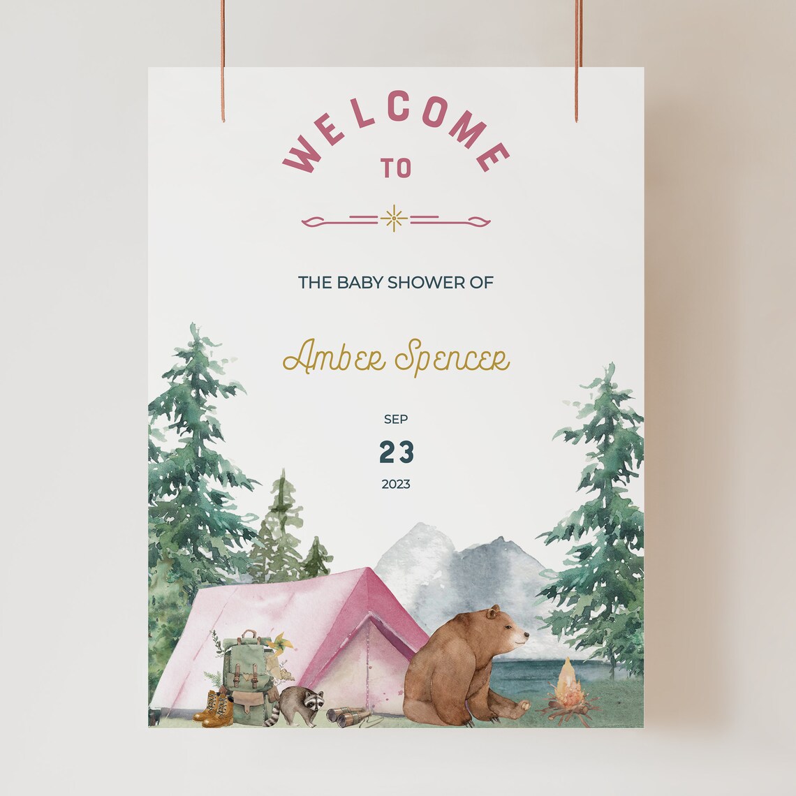 Adventure Awaits Baby Shower Welcome Sign, Pink Camping Party, Girl ...