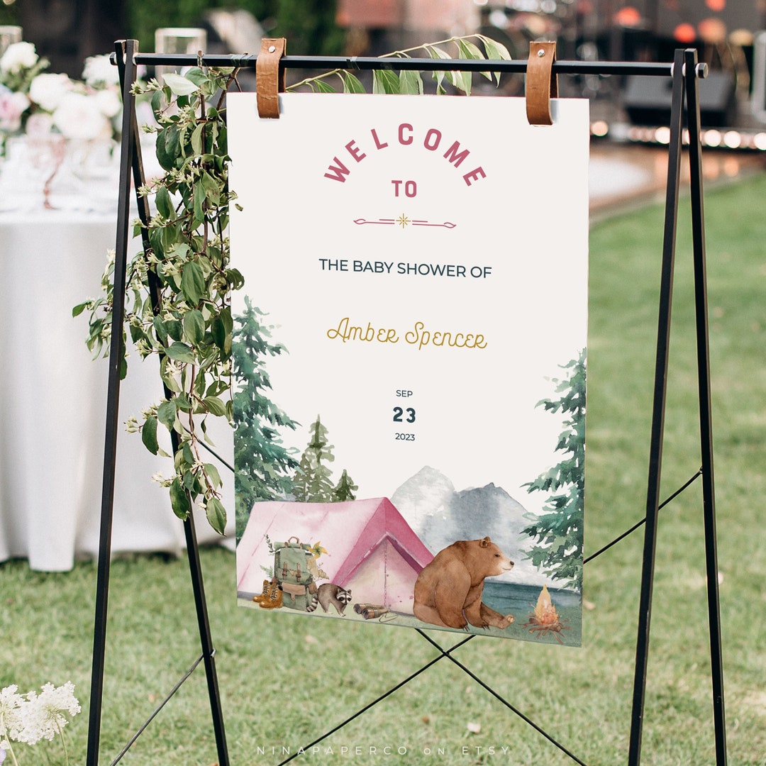Adventure Awaits Baby Shower Welcome Sign, Pink Camping Party, Girl ...