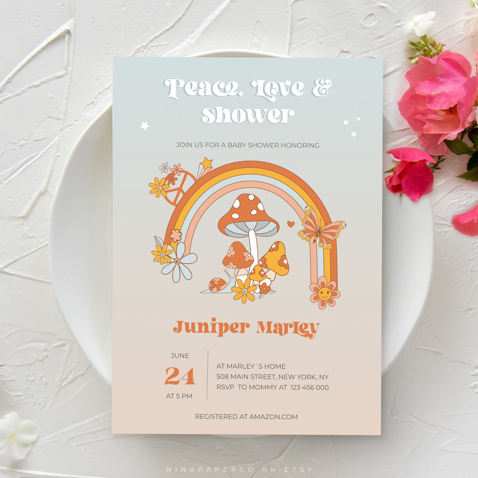 GROOVY Baby Shower Invitation Template, Rainbow Baby Shower Invite, 70s ...