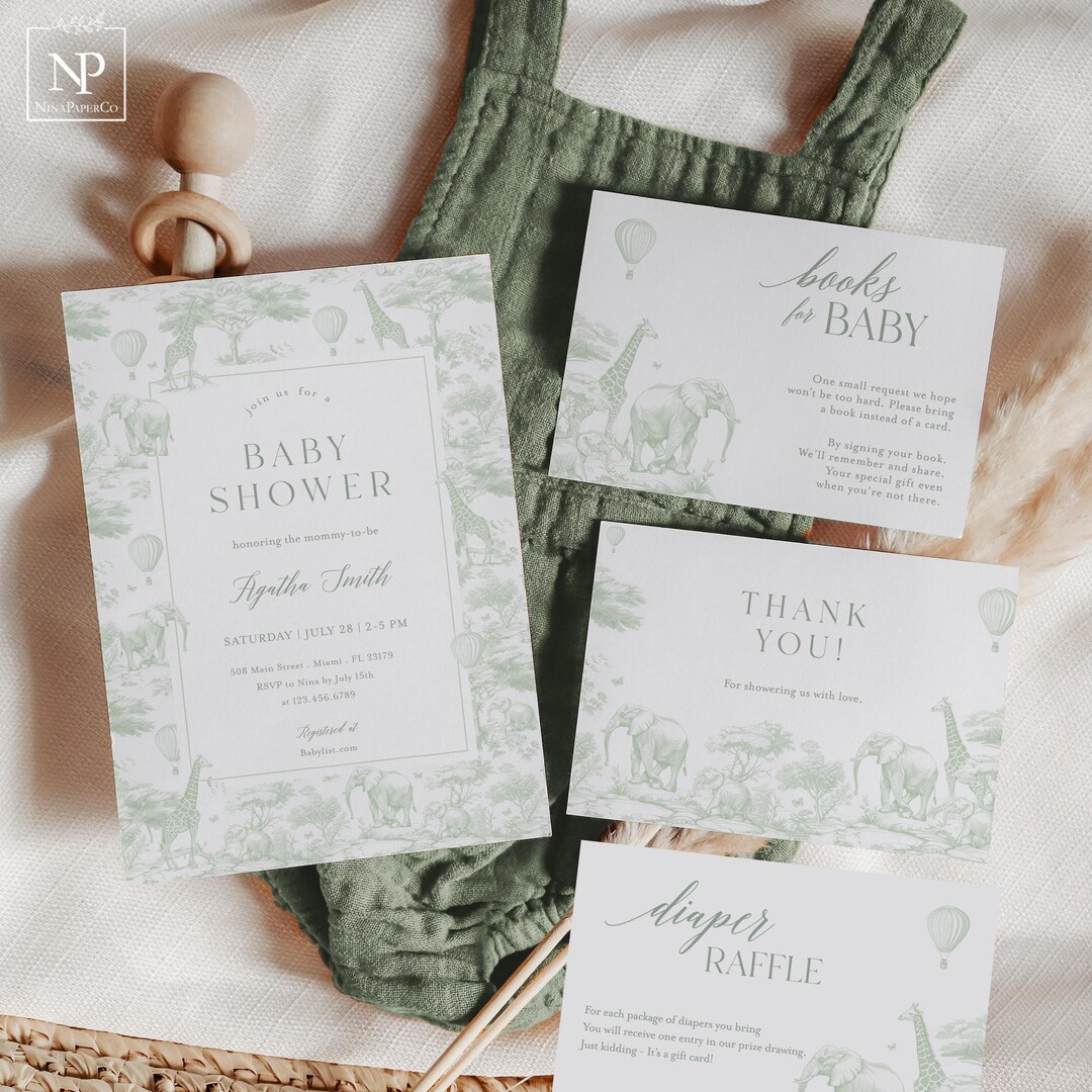 Green Safari Toile De Jouy Baby Shower Invitation Set, Jungle Baby ...