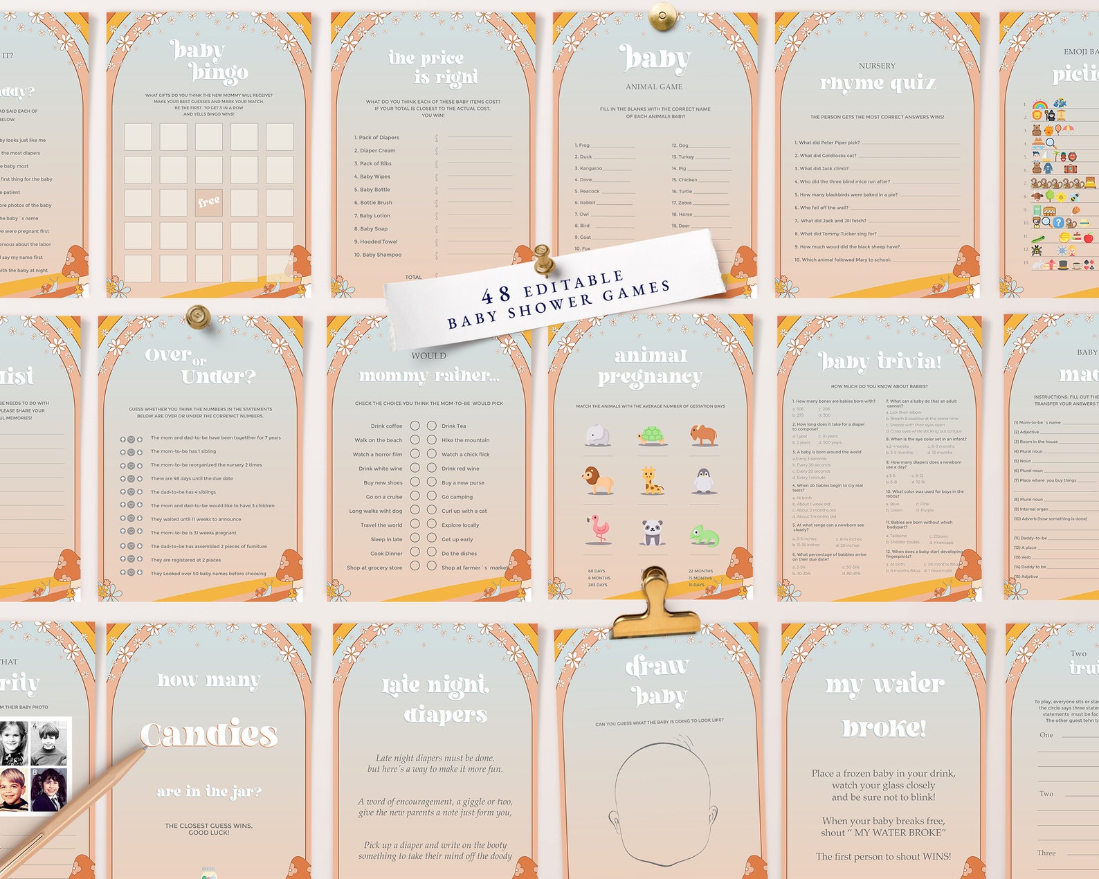 GROOVY Baby Shower Games Bundle, 48 Baby Shower Games, Rainbow Baby ...