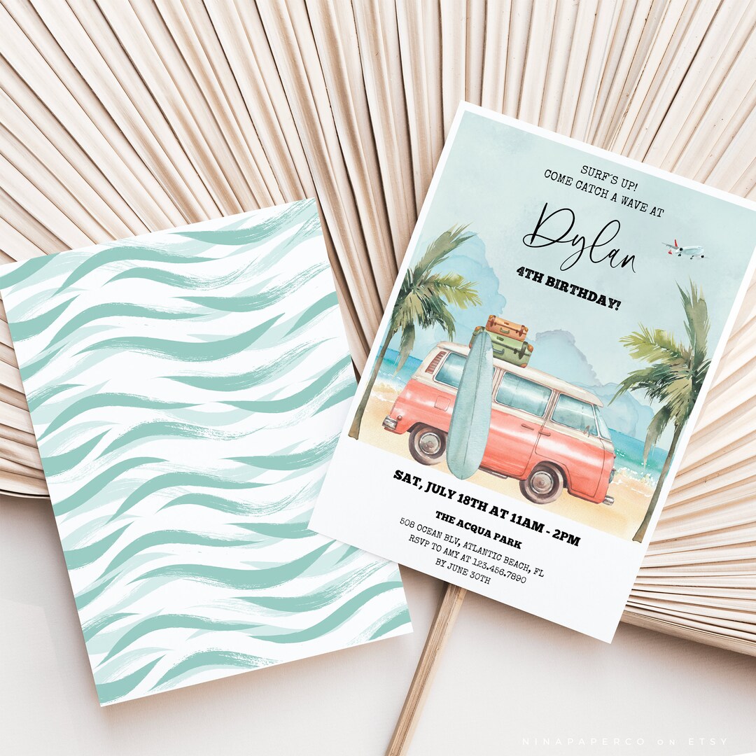 Retro Surf Birthday Invitation, Surfboard Invite, Beach Party, Camper ...
