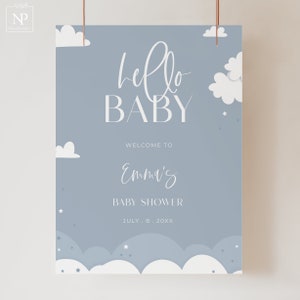 Blue Cloud Baby Shower Welcome Sign Template, Hello Baby Sign, Minimal ...