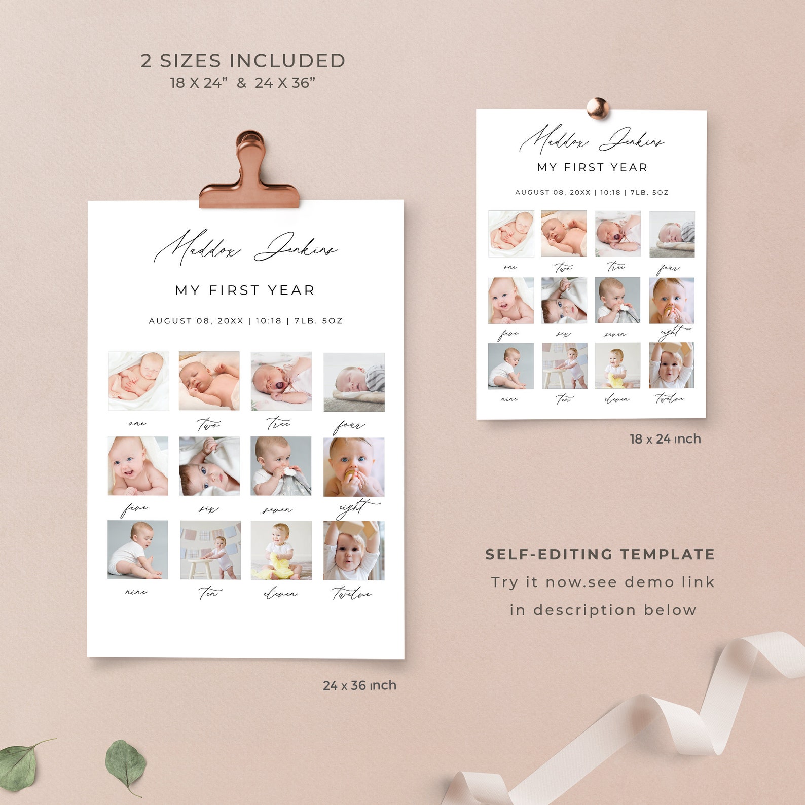 Minimalist First Year Photo Sign Template, Printable Baby's 1st ...