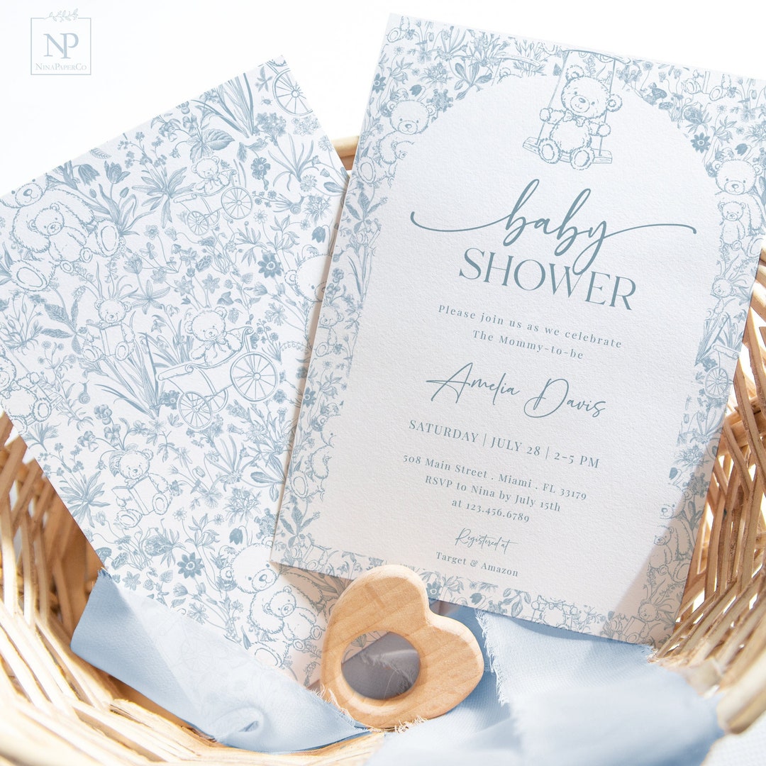 Blue Toile De Jouy Baby Shower Invitation, Floral Baby Shower Invite ...